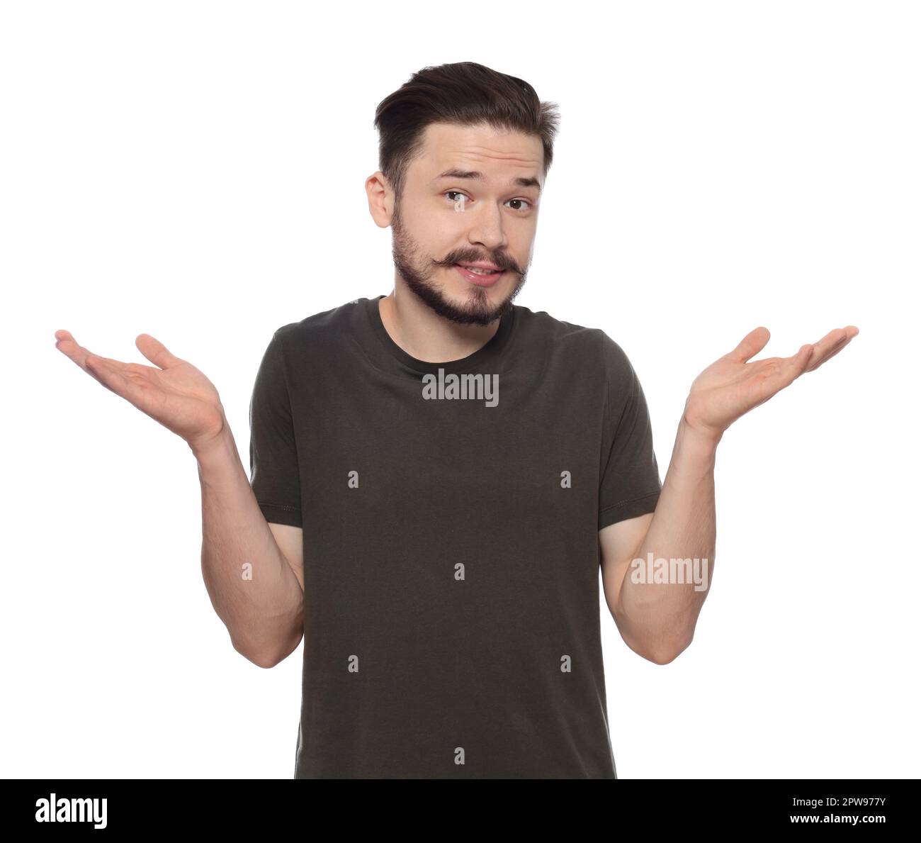 Portrait of embarrassed man on white background Stock Photo - Alamy