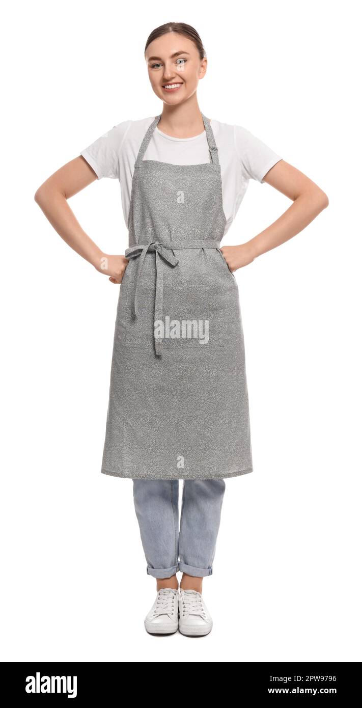 Beautiful young woman in clean apron on white background Stock Photo ...