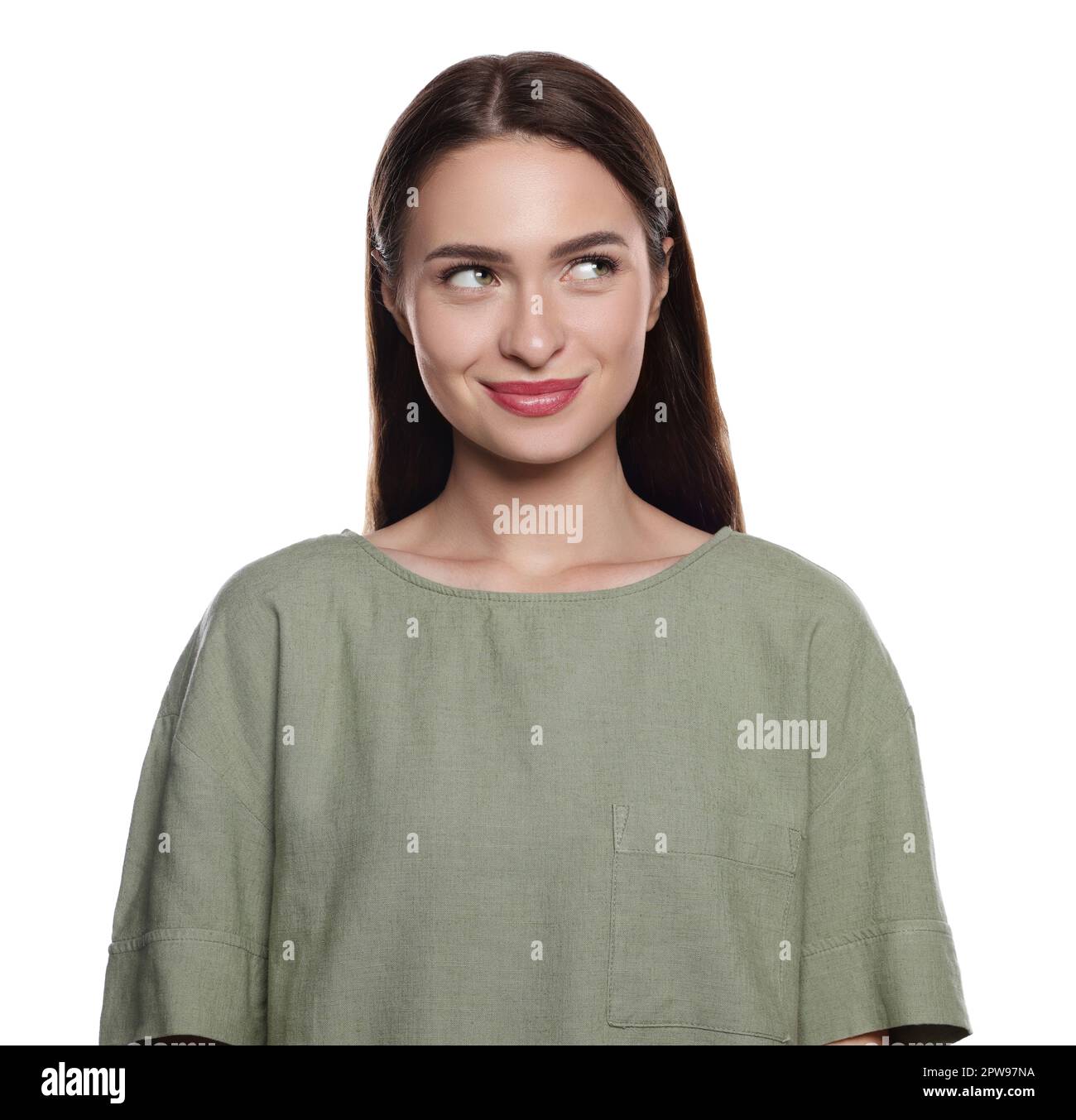Embarrassed young woman in shirt on white background Stock Photo - Alamy