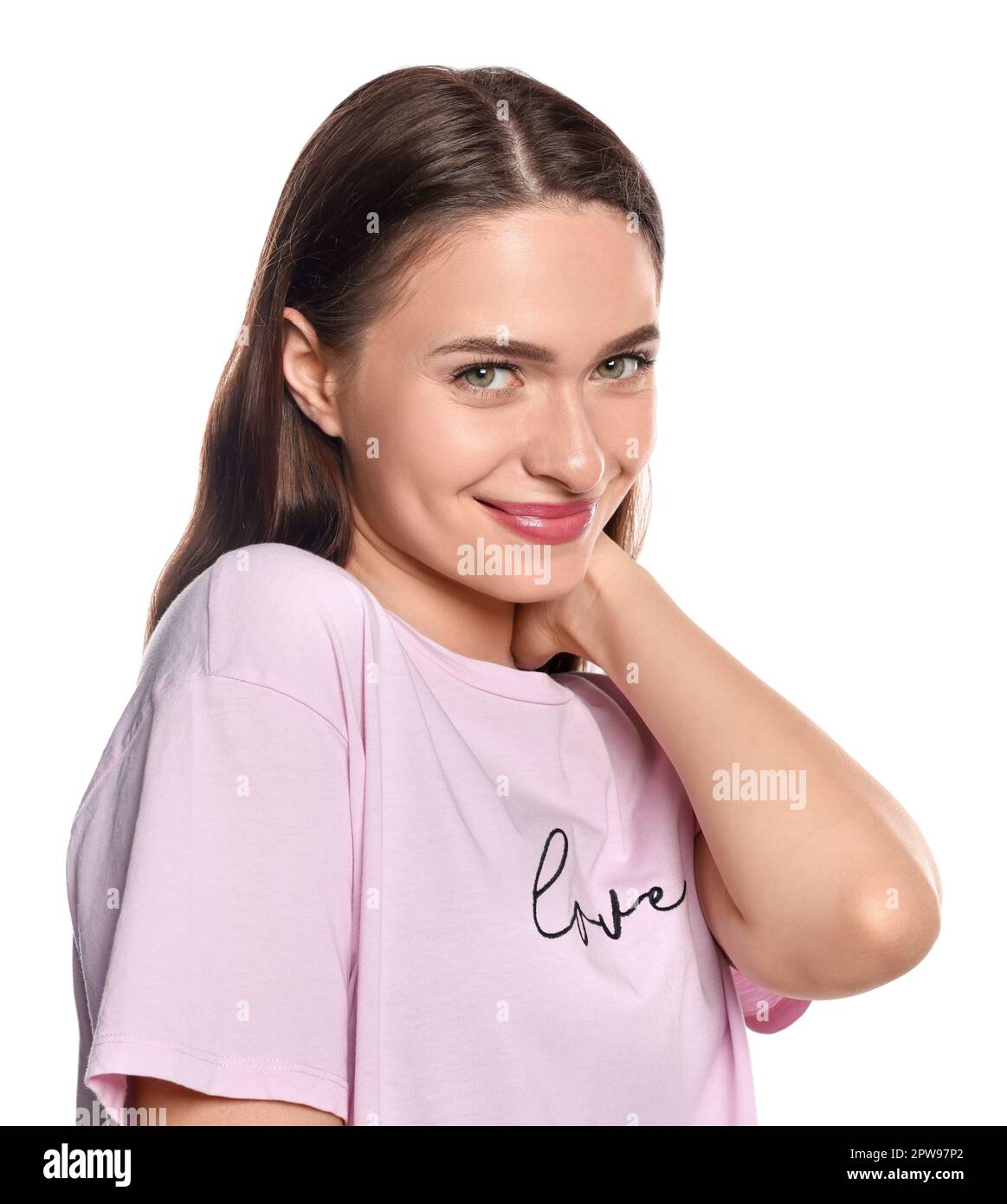 Embarrassed young woman in shirt on white background Stock Photo - Alamy
