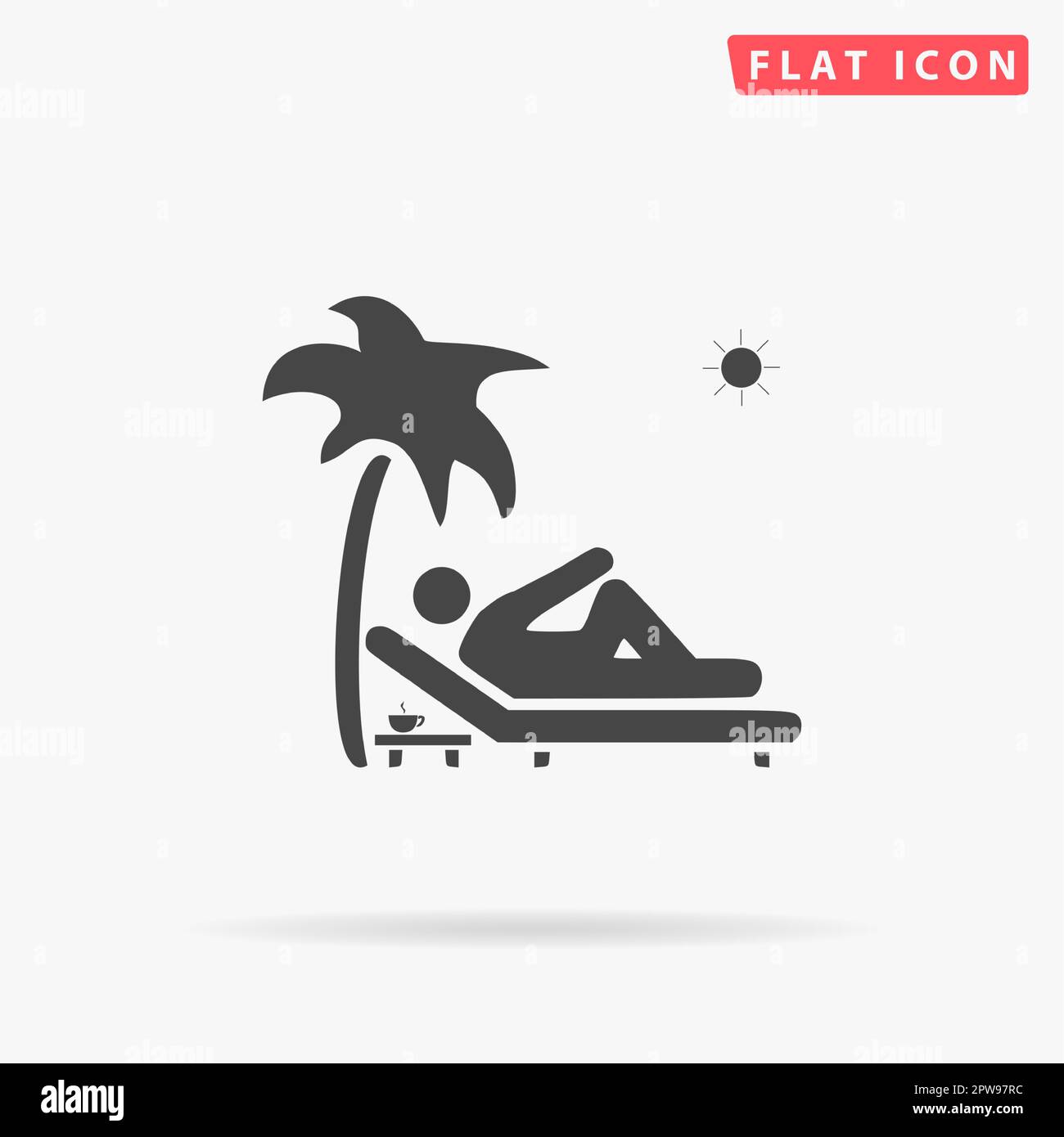 Man relaxing on a deck chair under palm tree and standing table with a ...