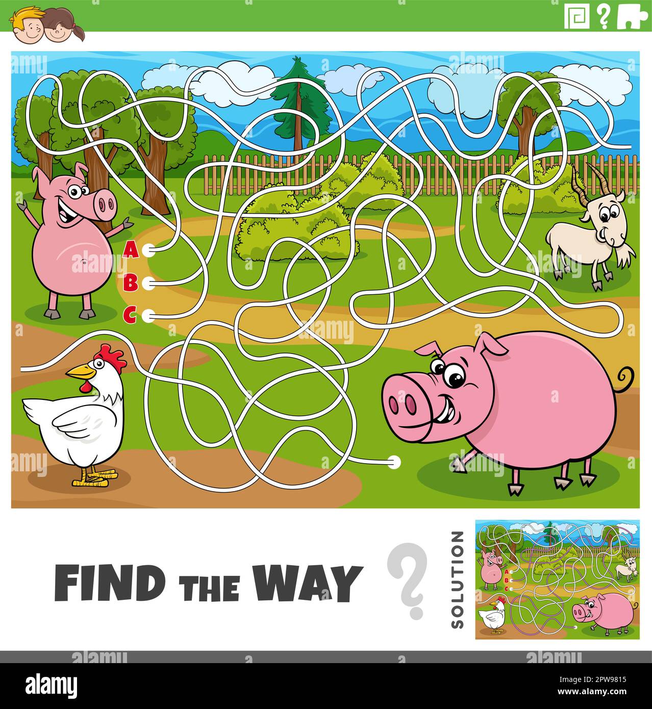 find the way game with cartoon farm animals Stock Vector Image & Art ...