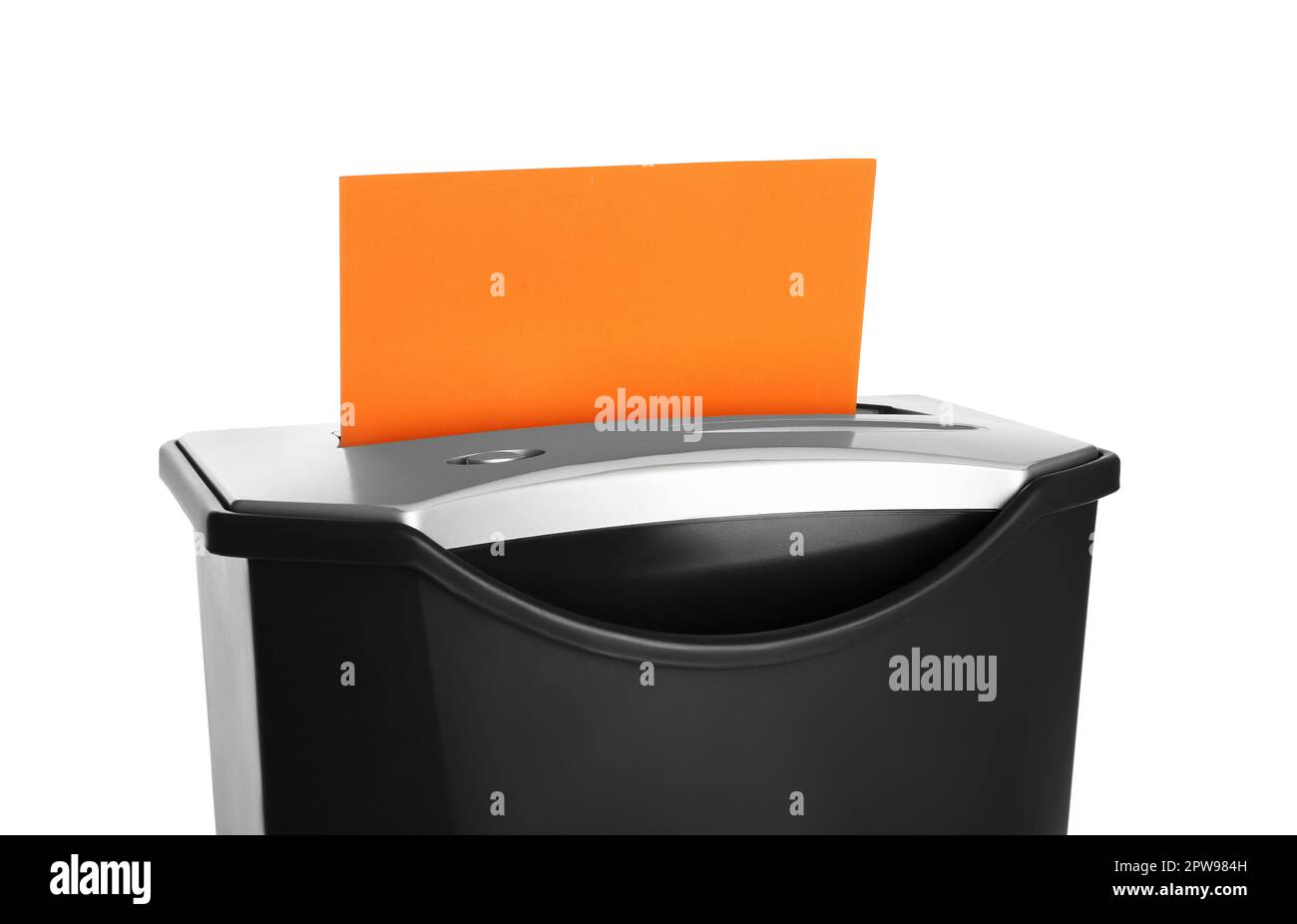 Shredder with sheet of orange paper isolated on white Stock Photo - Alamy