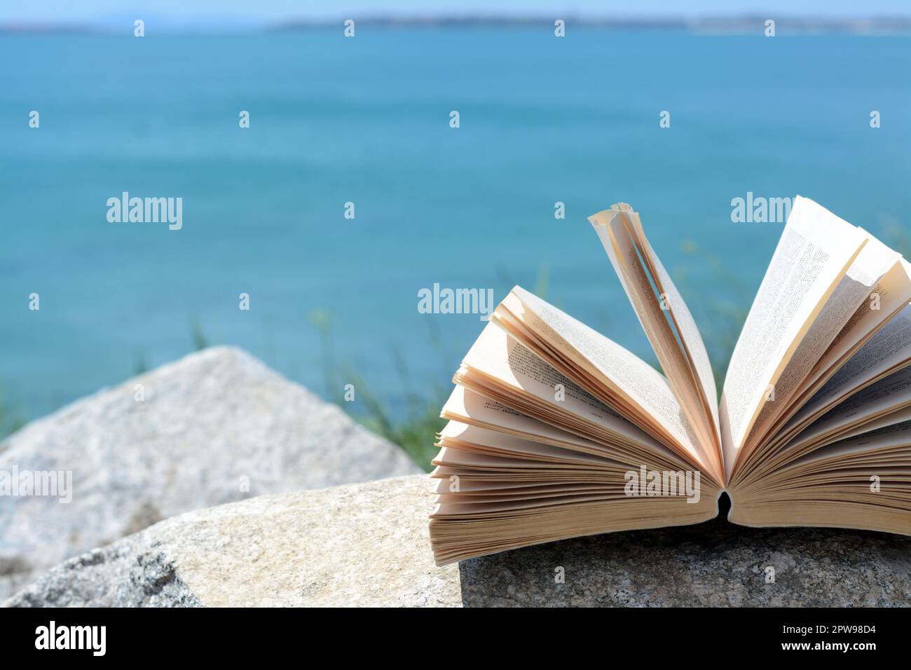 Open book on rock near sea. Space for text Stock Photo - Alamy
