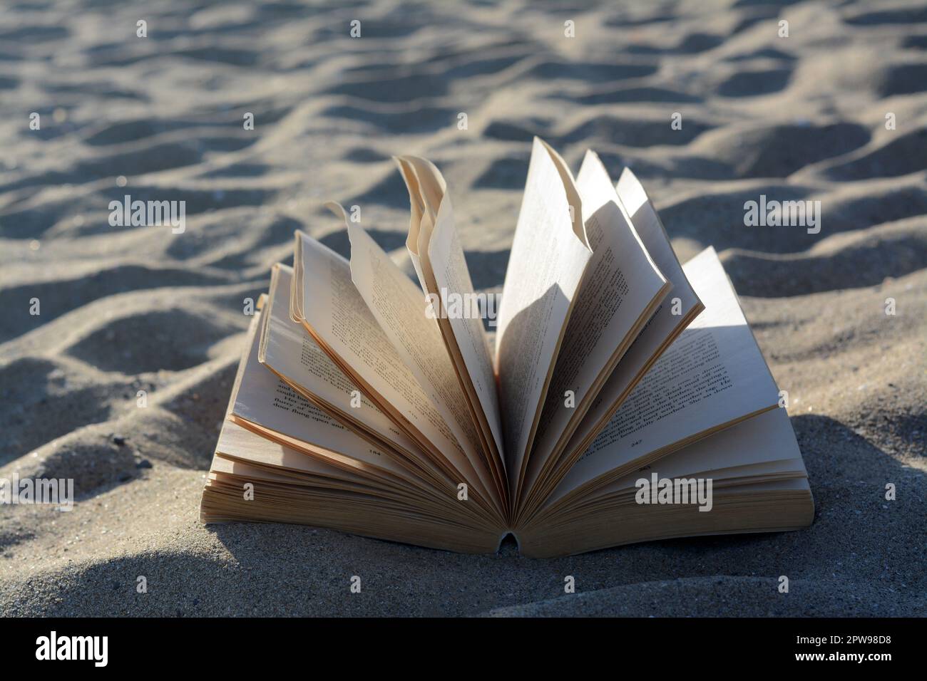 Open book on sandy beach, closeup view Stock Photo - Alamy