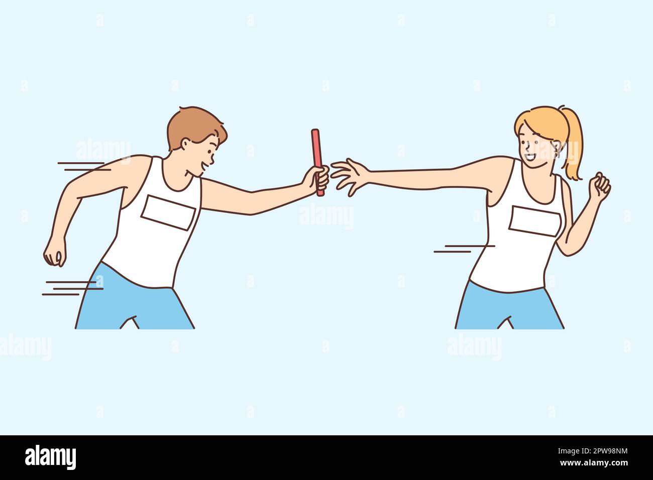 Man giving relay race to woman competing in team sport doing timed ...