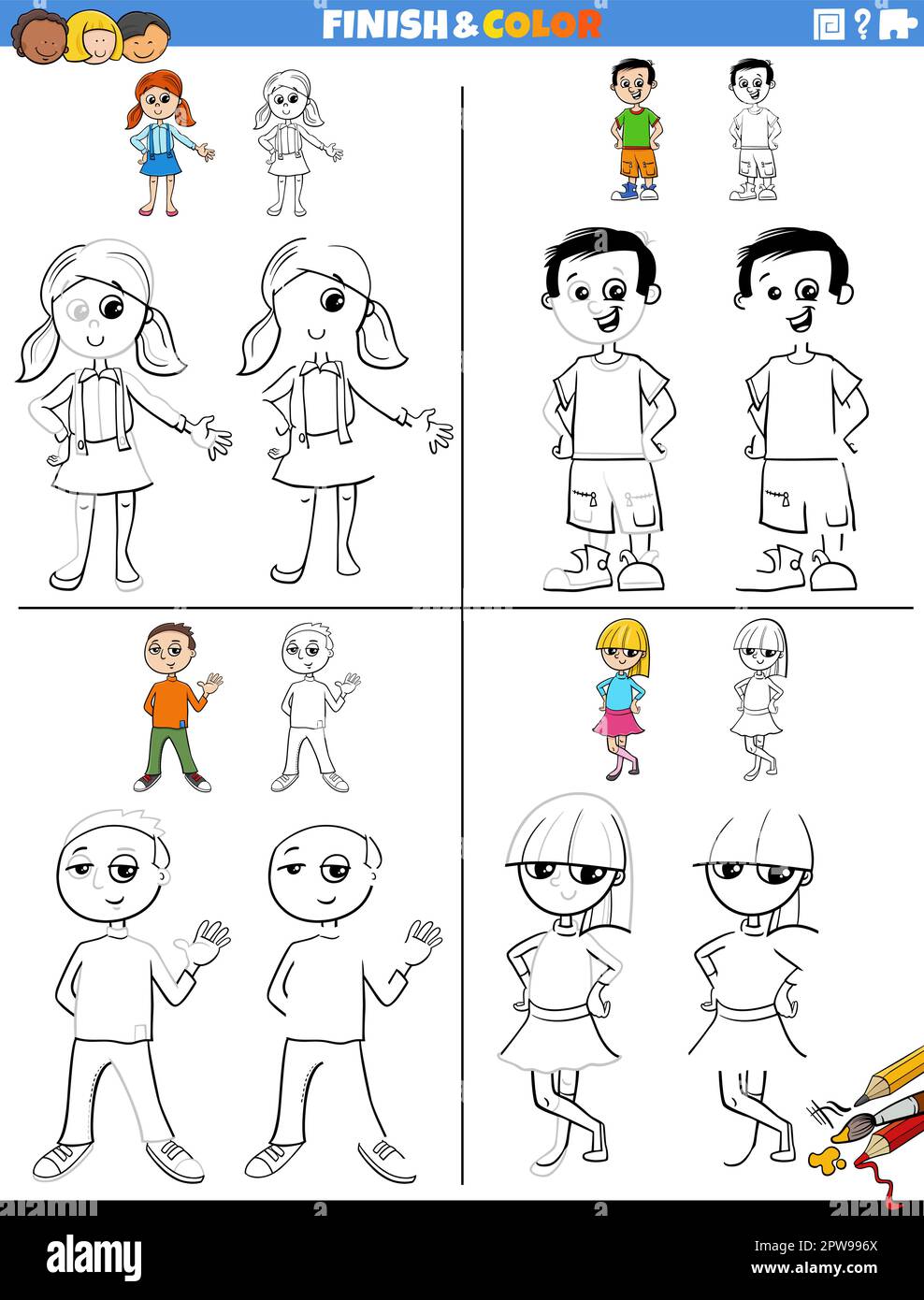 drawing and coloring worksheets set with children characters Stock ...