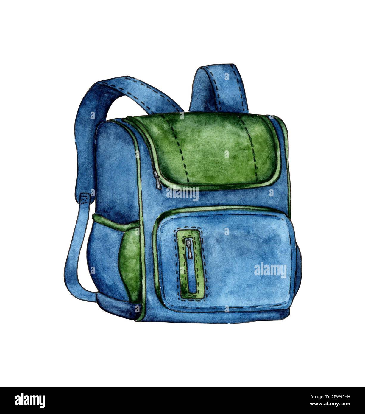 Watercolor illustration of a blue-green school bag for boys and girls ...