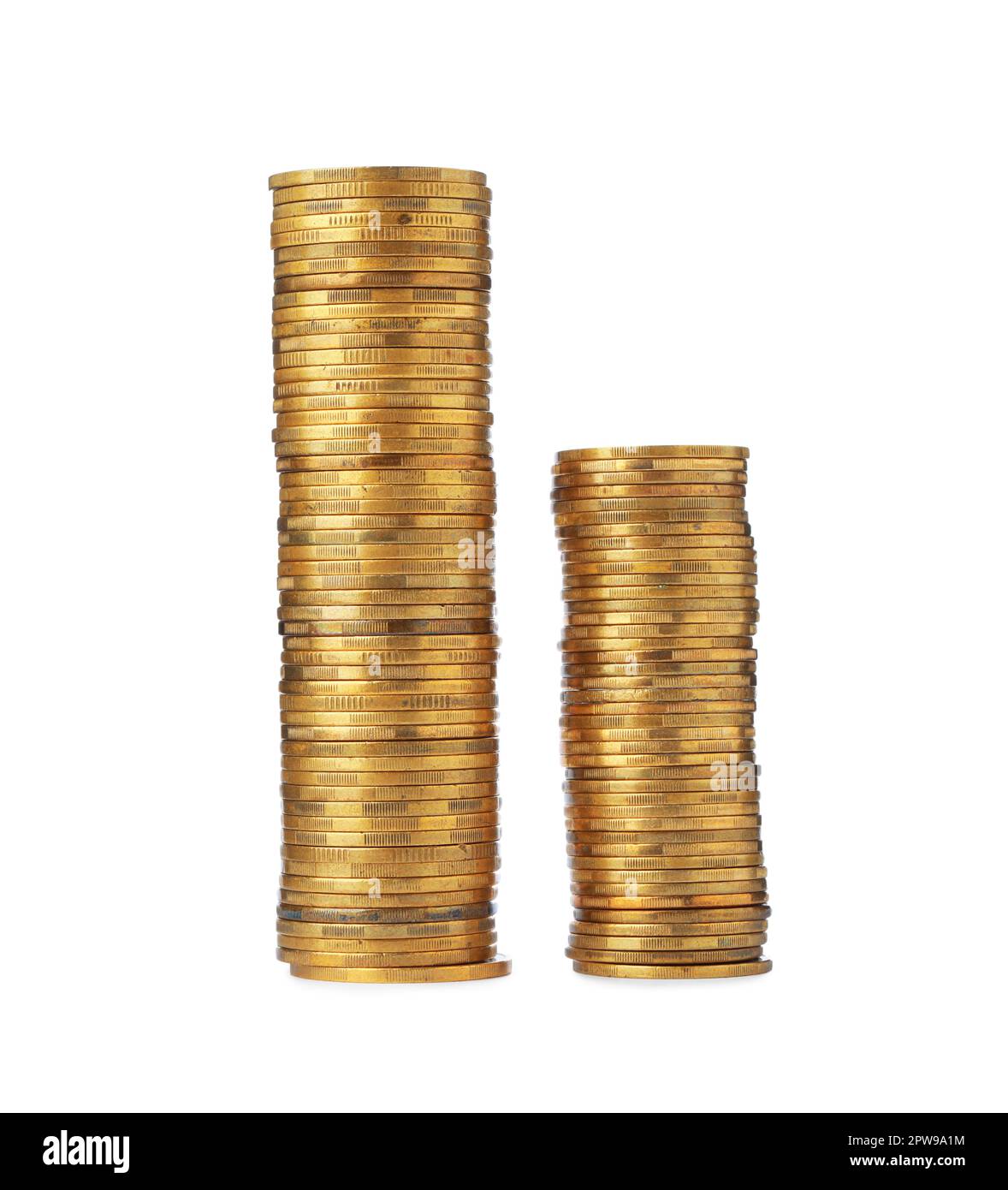 Stacks of golden coins on white background Stock Photo - Alamy