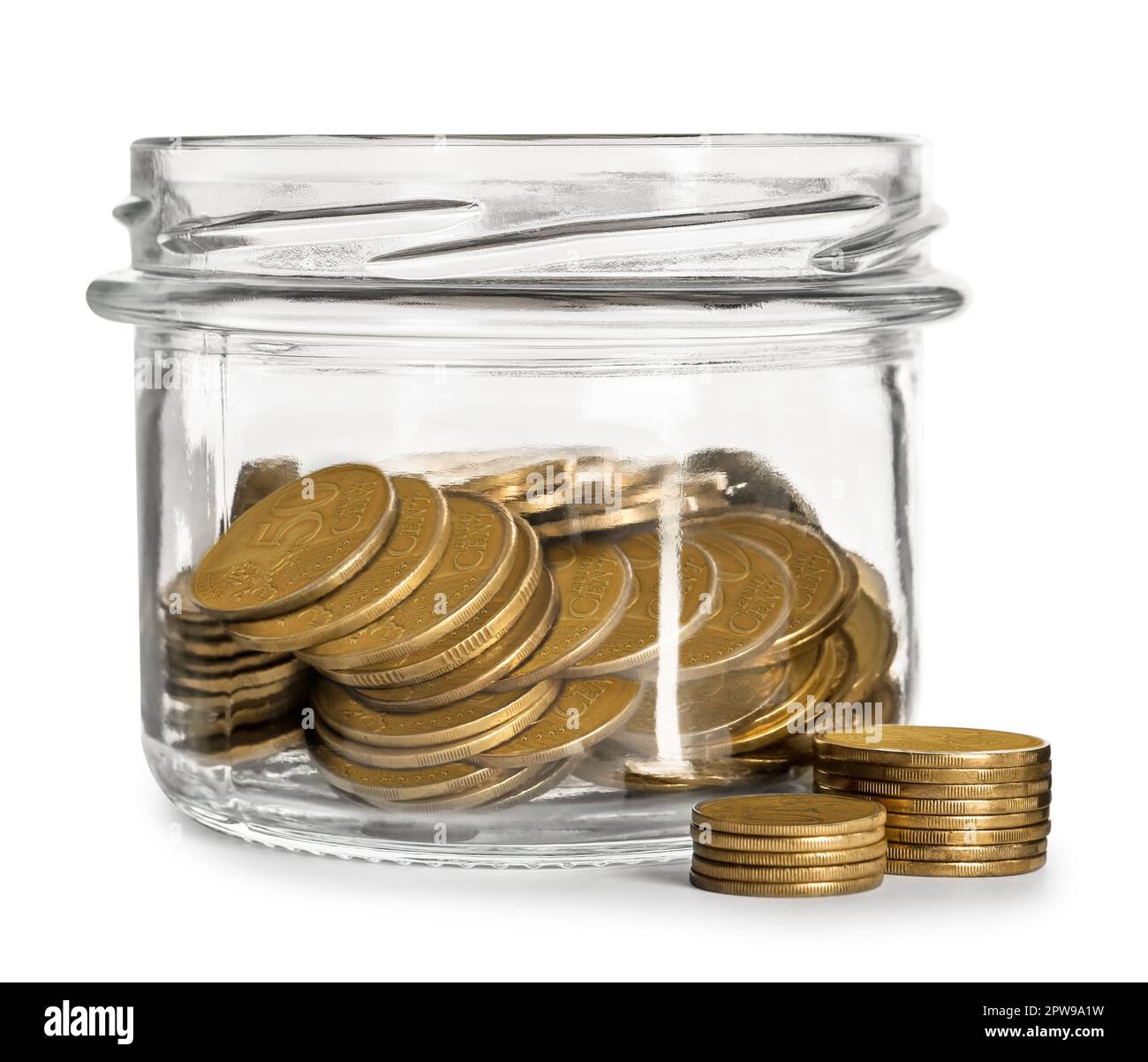 Glass jar and coins isolated on white Stock Photo - Alamy