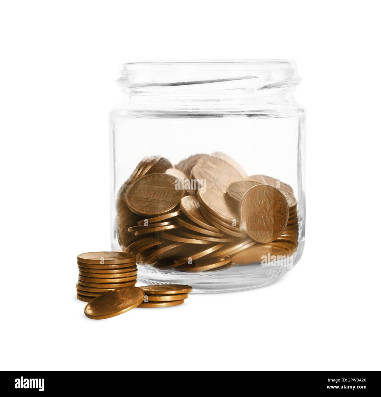 Glass jar and coins isolated on white Stock Photo - Alamy