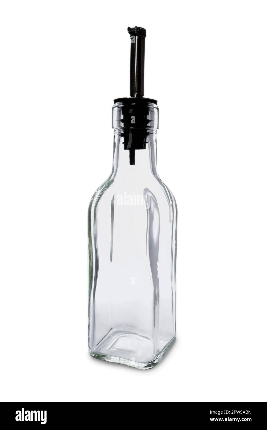 Empty glass bottle with pump for oil on white background Stock Photo ...