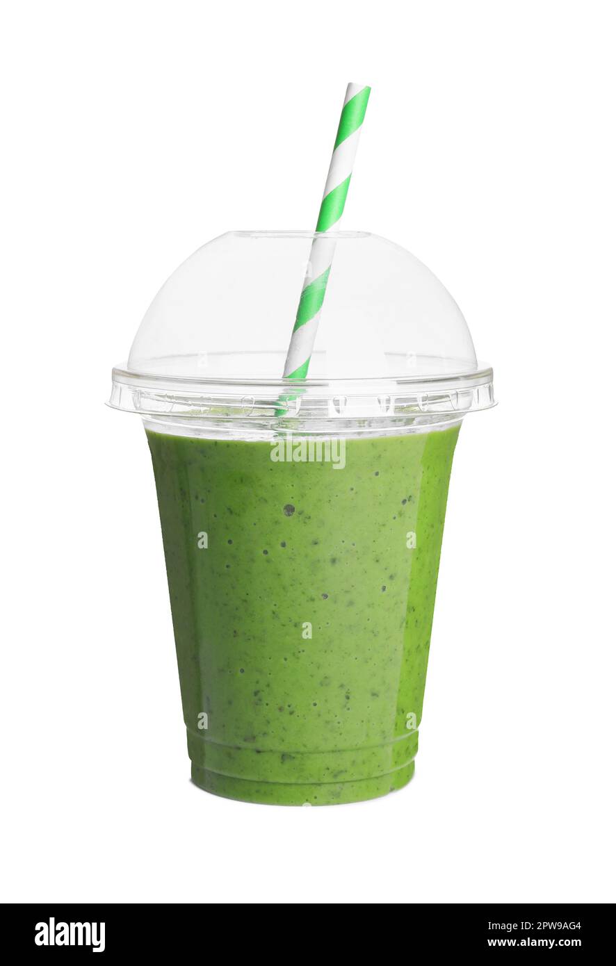 Plastic cup of detox smoothie on white background Stock Photo - Alamy