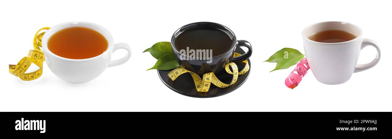 Set with cups of cup of weight loss herbal tea on white background ...