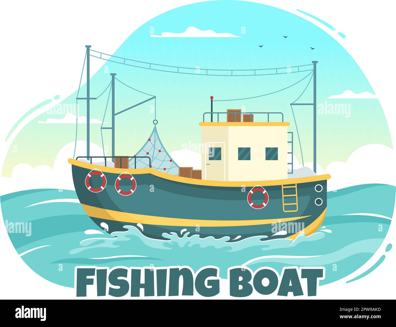Fishing Boat Illustration with Fishermen Hunting Fish Using Ship for ...