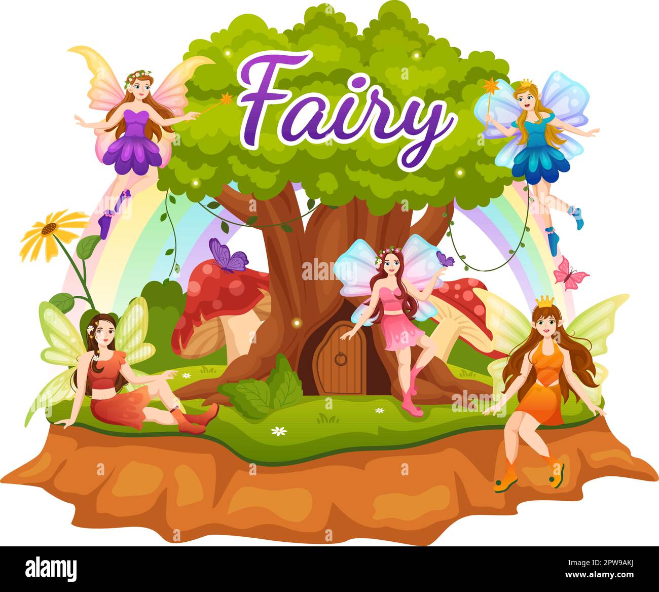 Beautiful Flying Fairy Illustration with Elf, Landscape Tree and Green ...