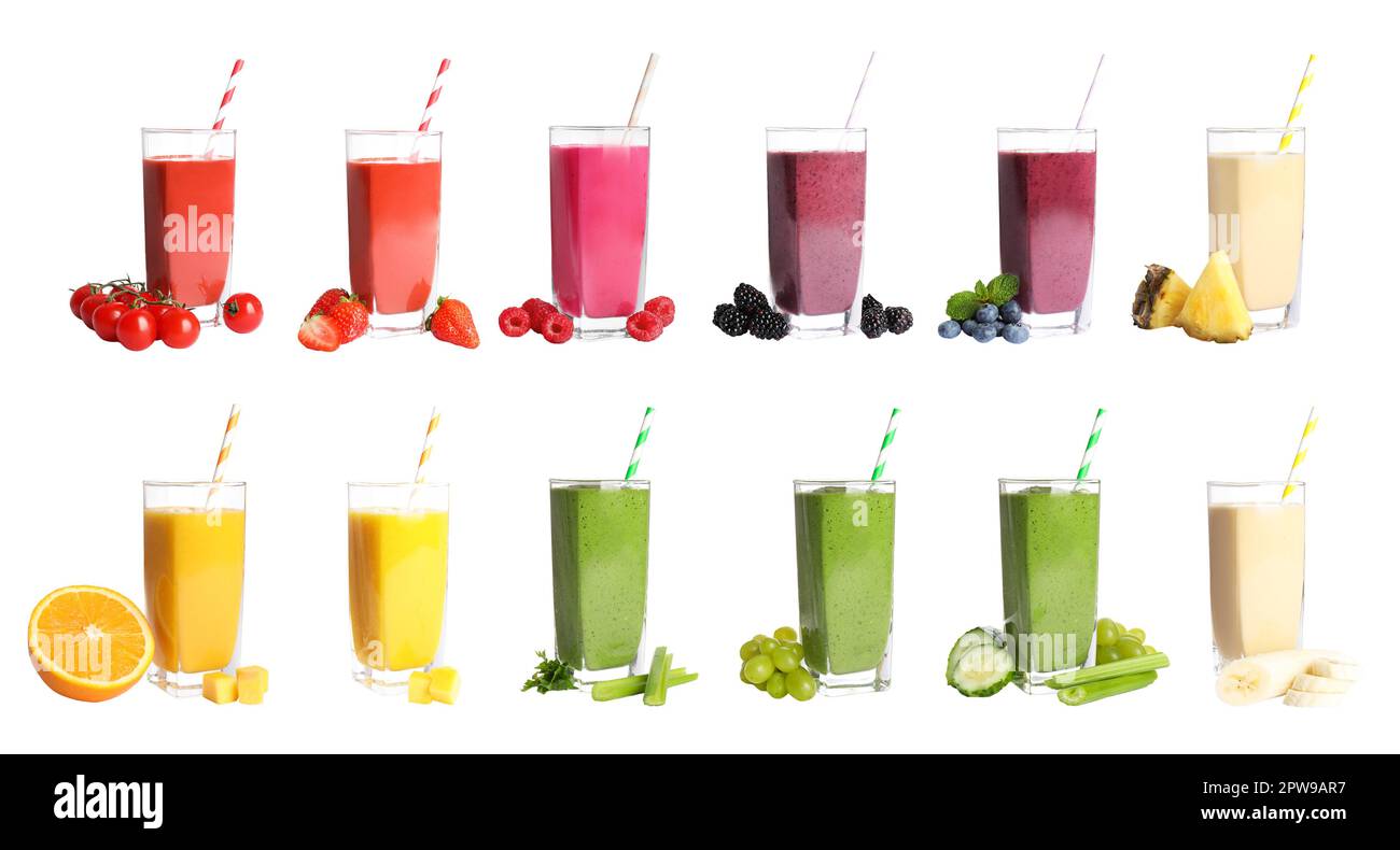 Set with different tasty smoothies on white background. Banner design ...