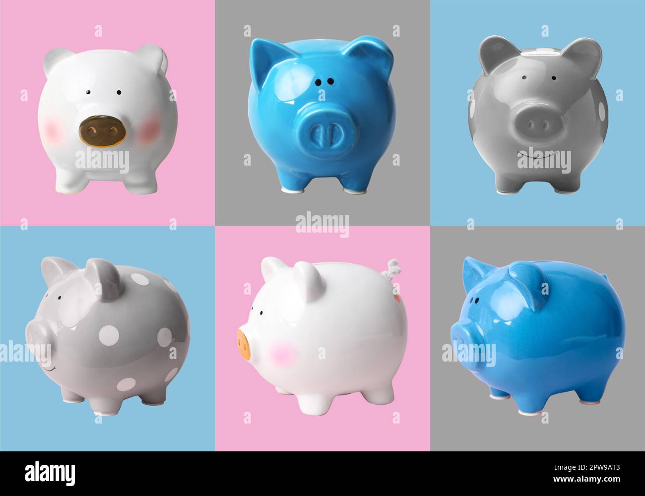Set with piggy banks on different color backgrounds Stock Photo - Alamy
