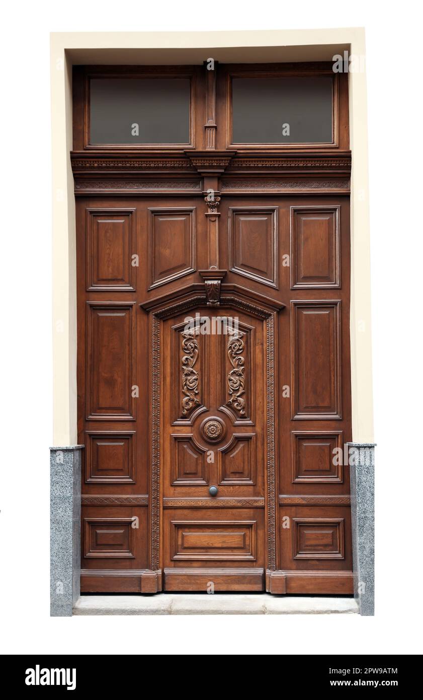 Beautiful old-fashioned wooden door and transom window isolated on ...