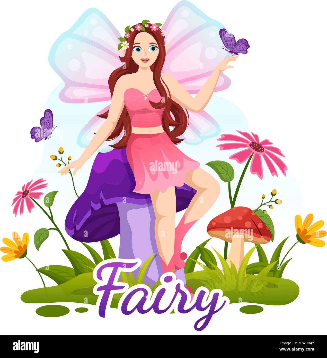 Beautiful Flying Fairy Illustration with Elf, Landscape Tree and Green ...