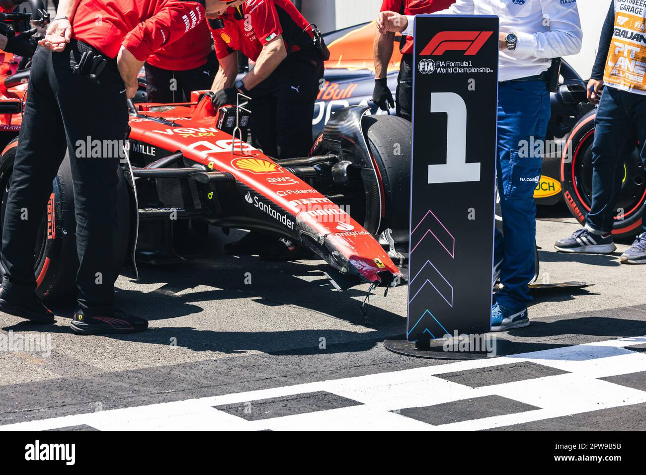 Baku, Azerbaijan. 29th Apr, 2023. The Ferrari SF-23 of Sprint Shootout winner Charles Leclerc ...