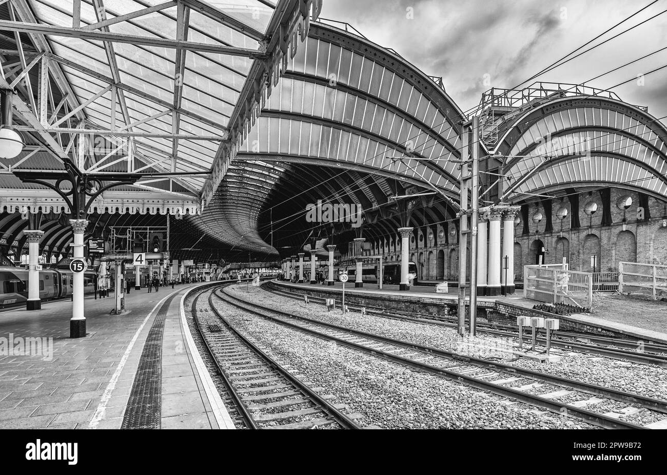 Panorama of a 19th Century built railway station. Two metal and glass ...