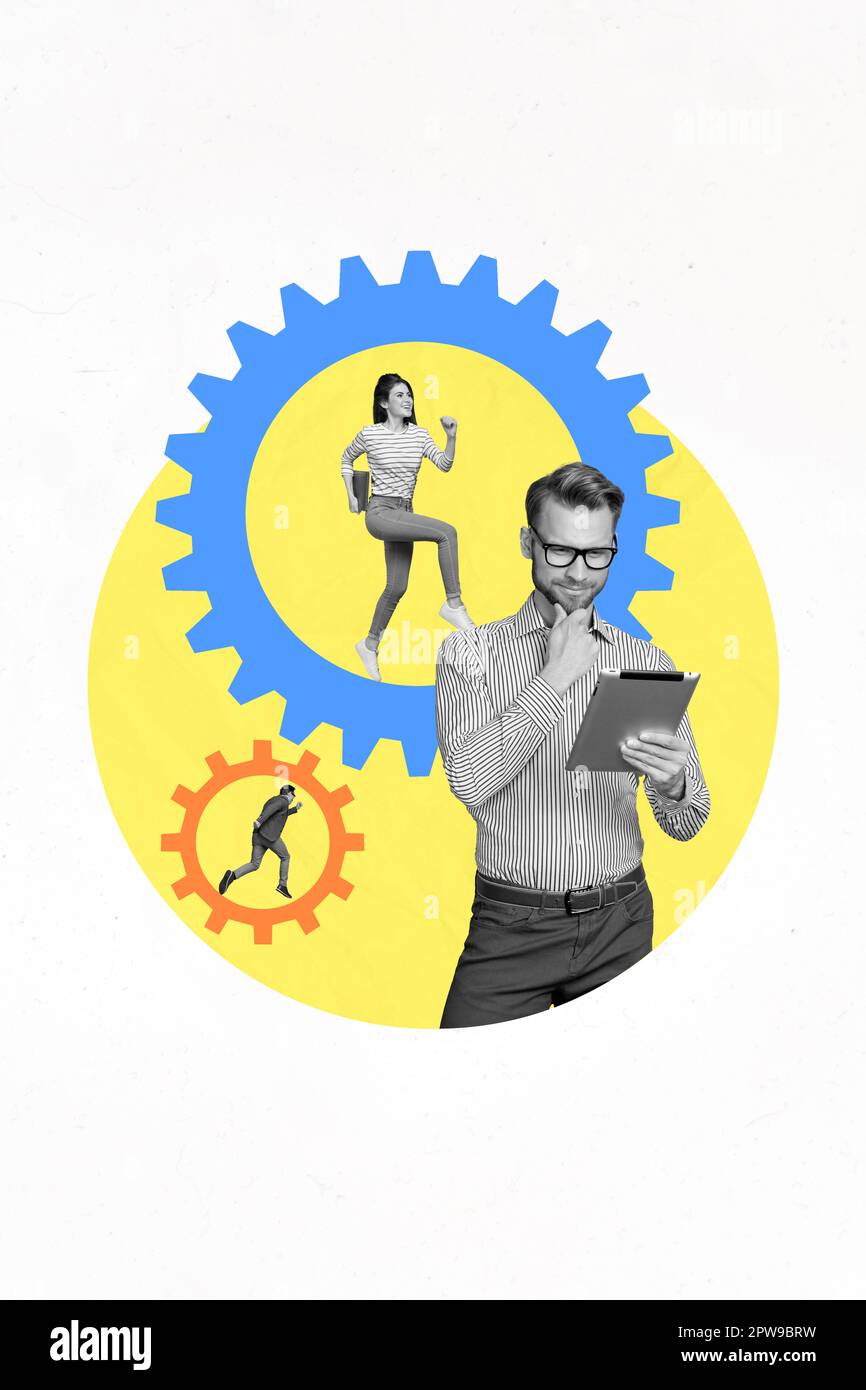 Vertical creative photo collage of active energetic people working ...