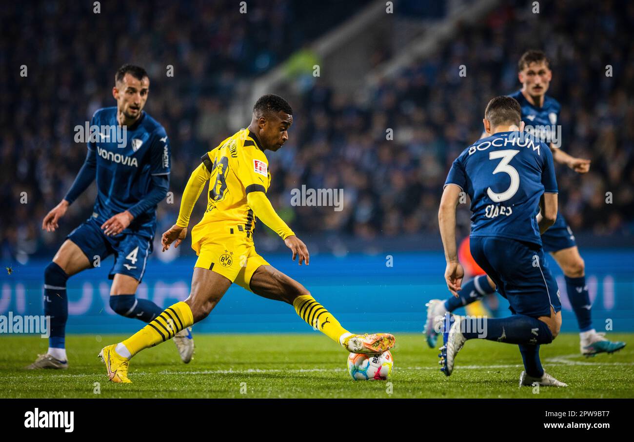 Bochum, Germany. 28th Apr, 2023. Youssoufa Moukoko (BVB), Danilo Soares ...
