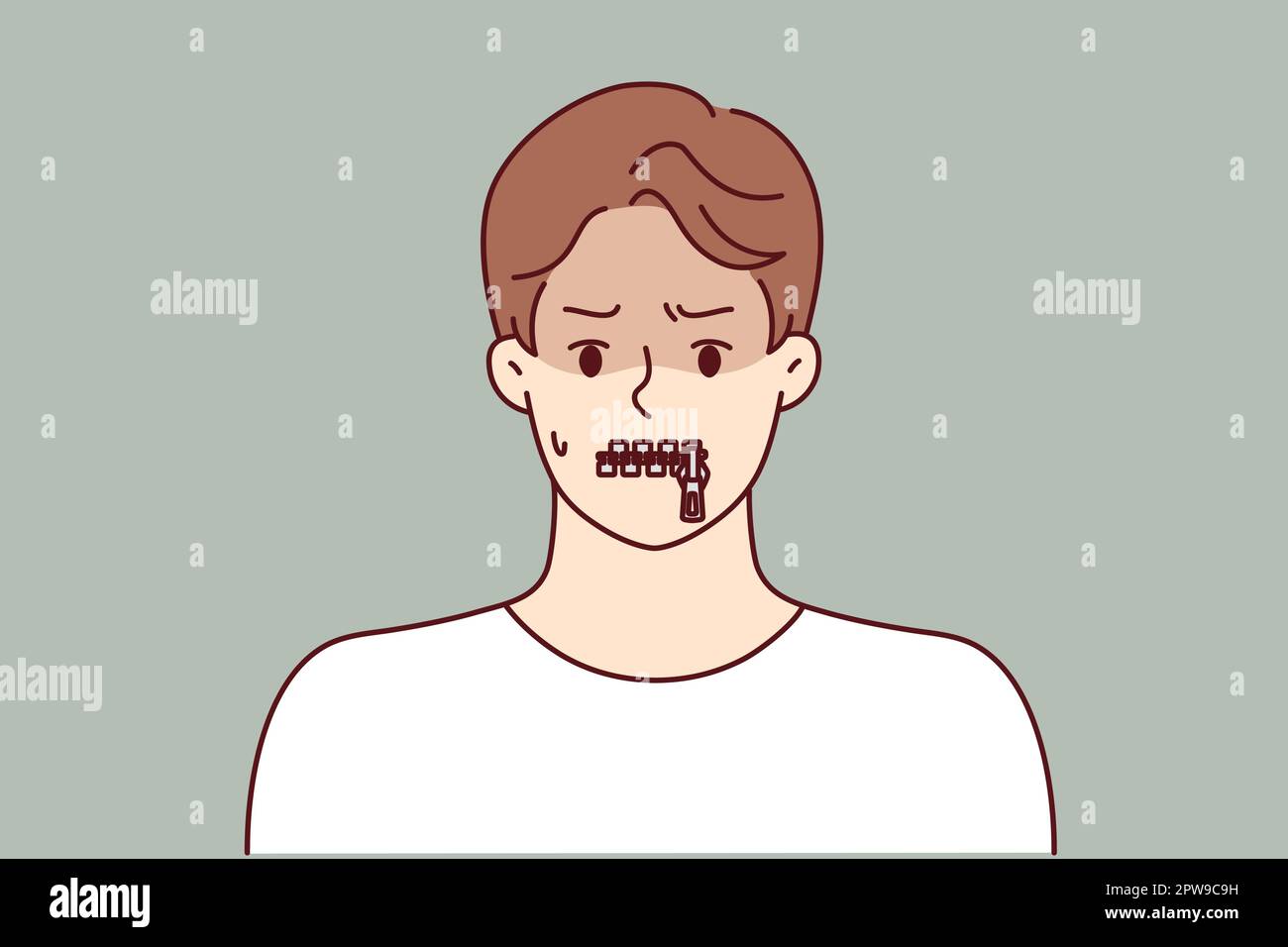 Silent man with zipper on lips is trying to hide compromising ...