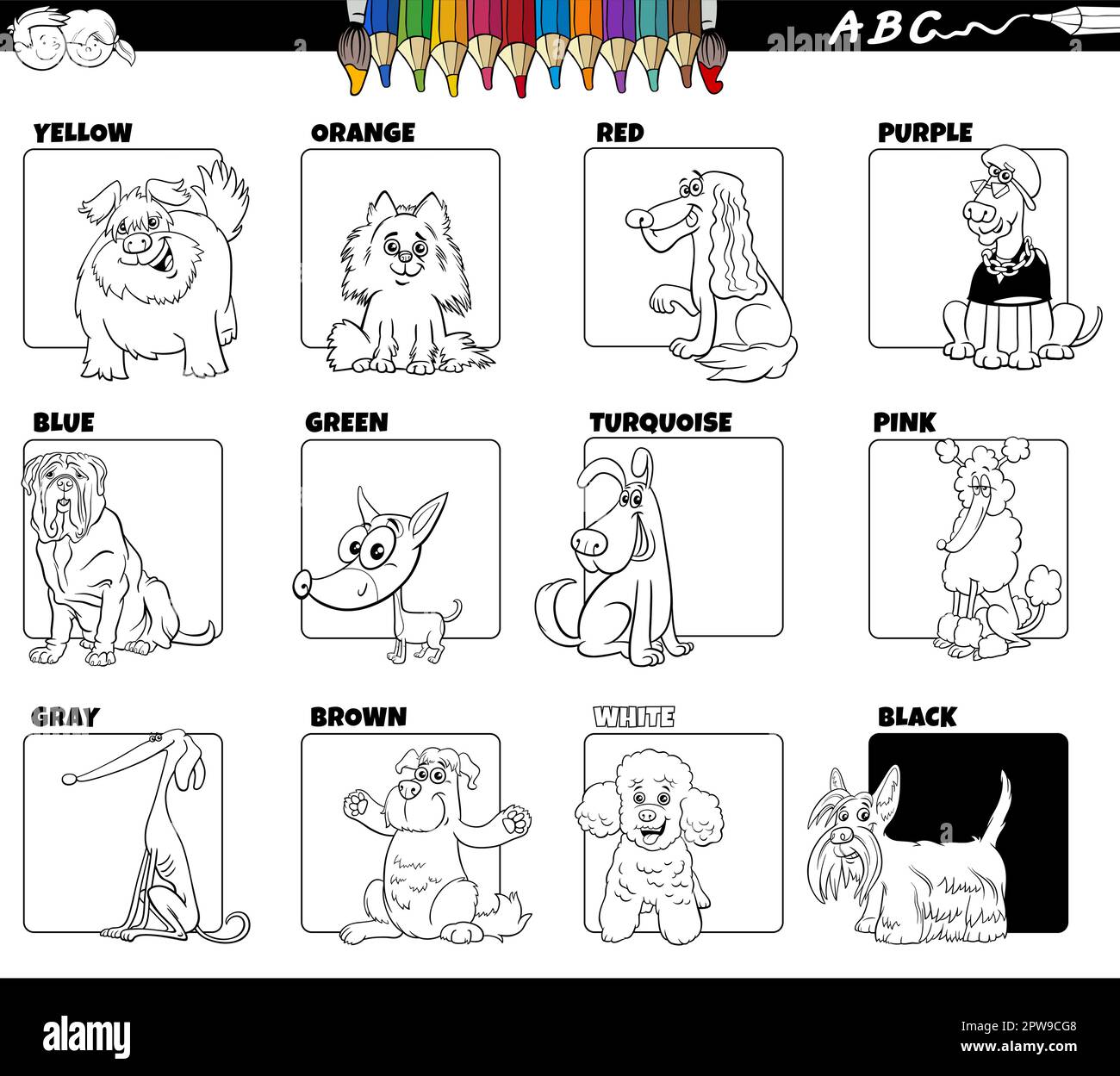 basic colors with dogs characters set coloring page Stock Vector Image ...
