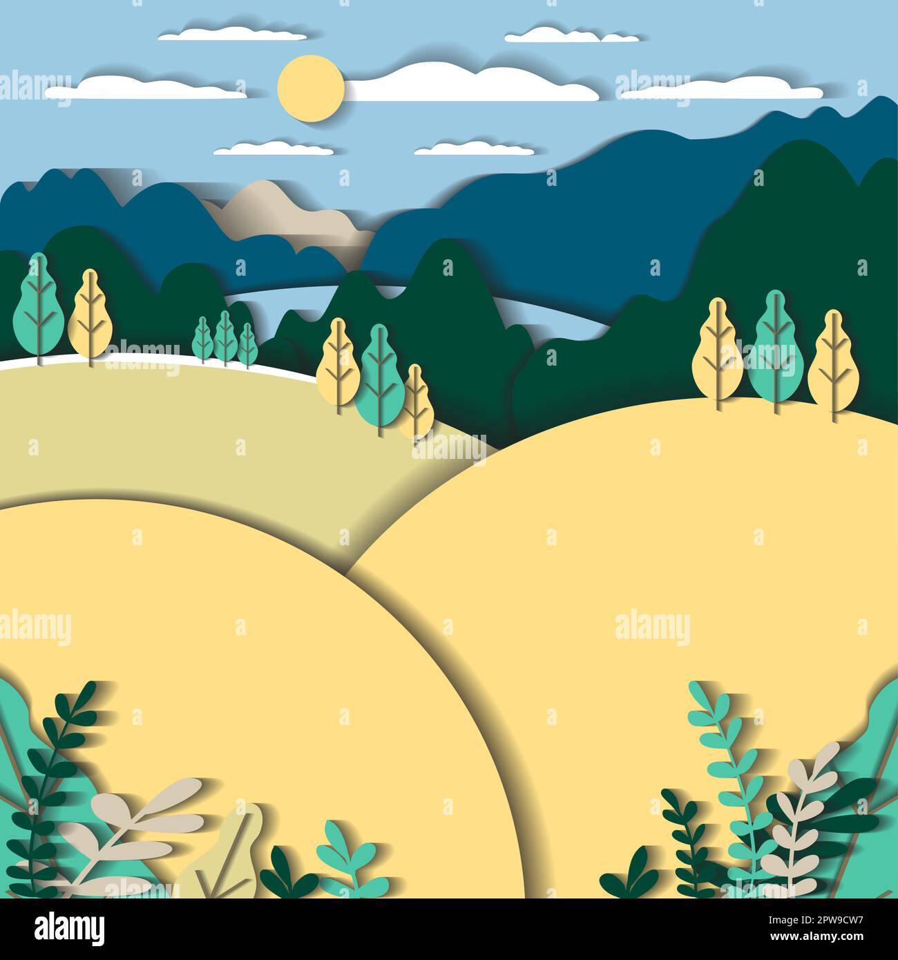 3d vector paper cut landscape with mountains, hills, field, tree ...