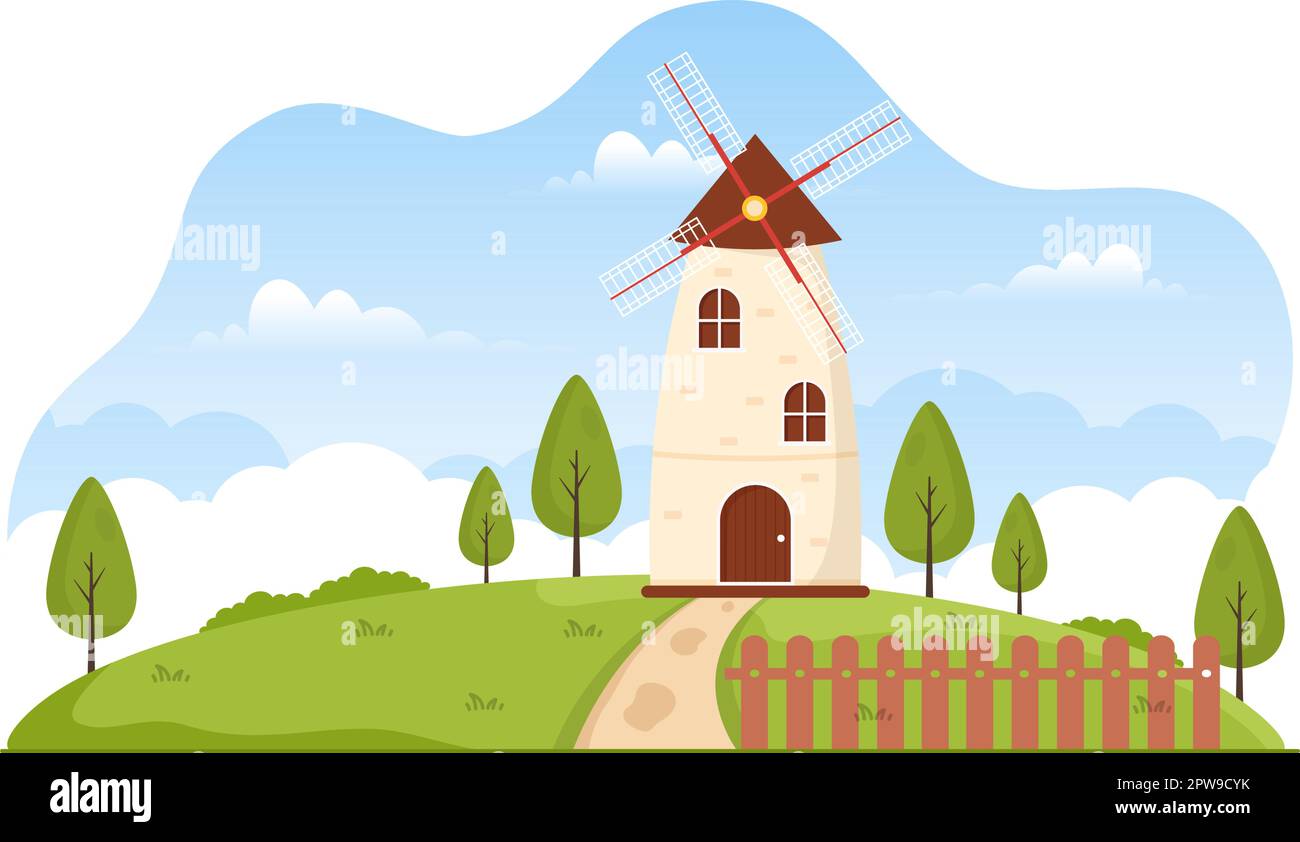 Bread Mill Illustration with Wheat Sacks, Various Breads and Windmill ...