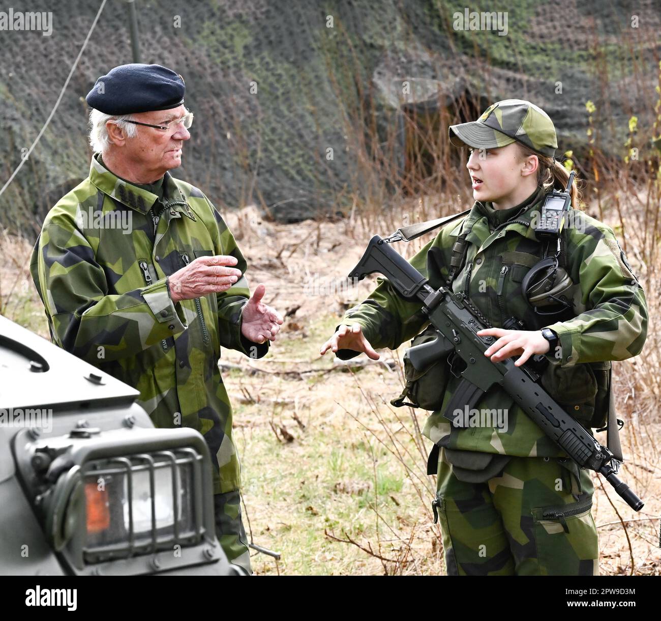 King Carl Gustaf attends the armed forces exercise Aurora 23 in Bromma ...
