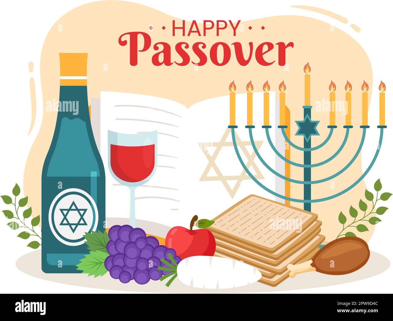 Happy Passover Illustration with Wine, Matzah and Pesach Jewish Holiday ...