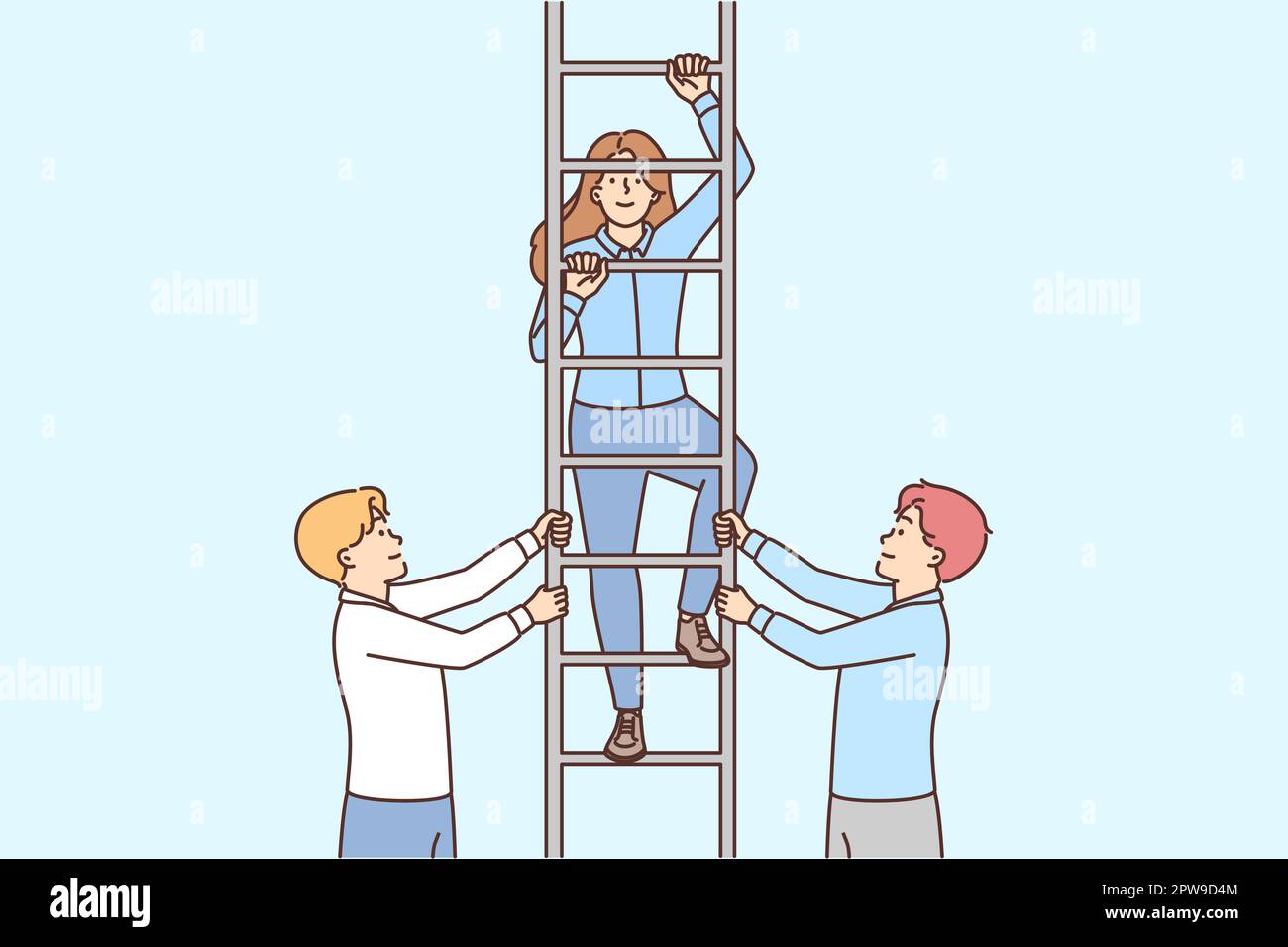 Two men hold ladder with girl for concept close-knit business team and ...