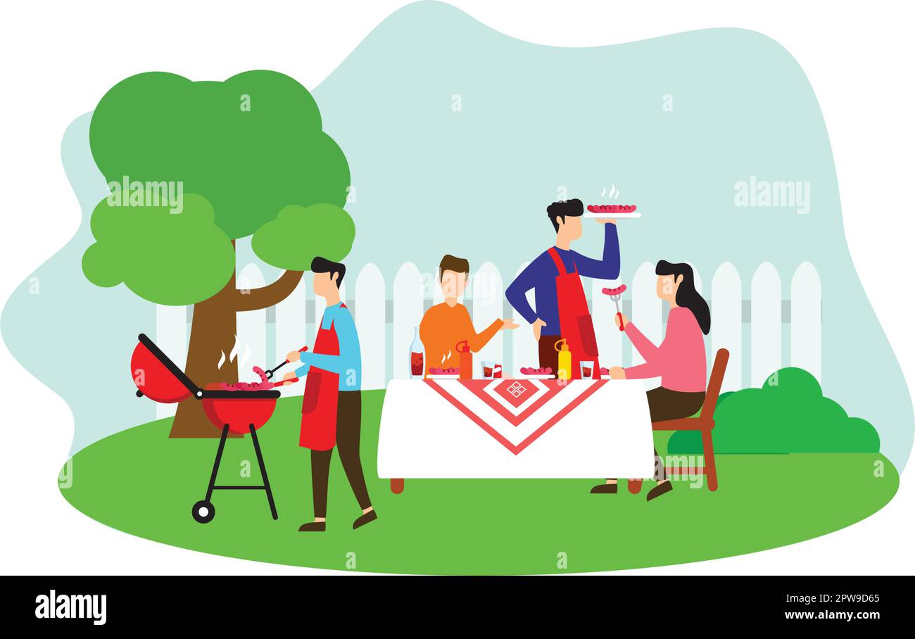 BBQ or Barbeque Party at the Backyard Eating and Grilling Together ...