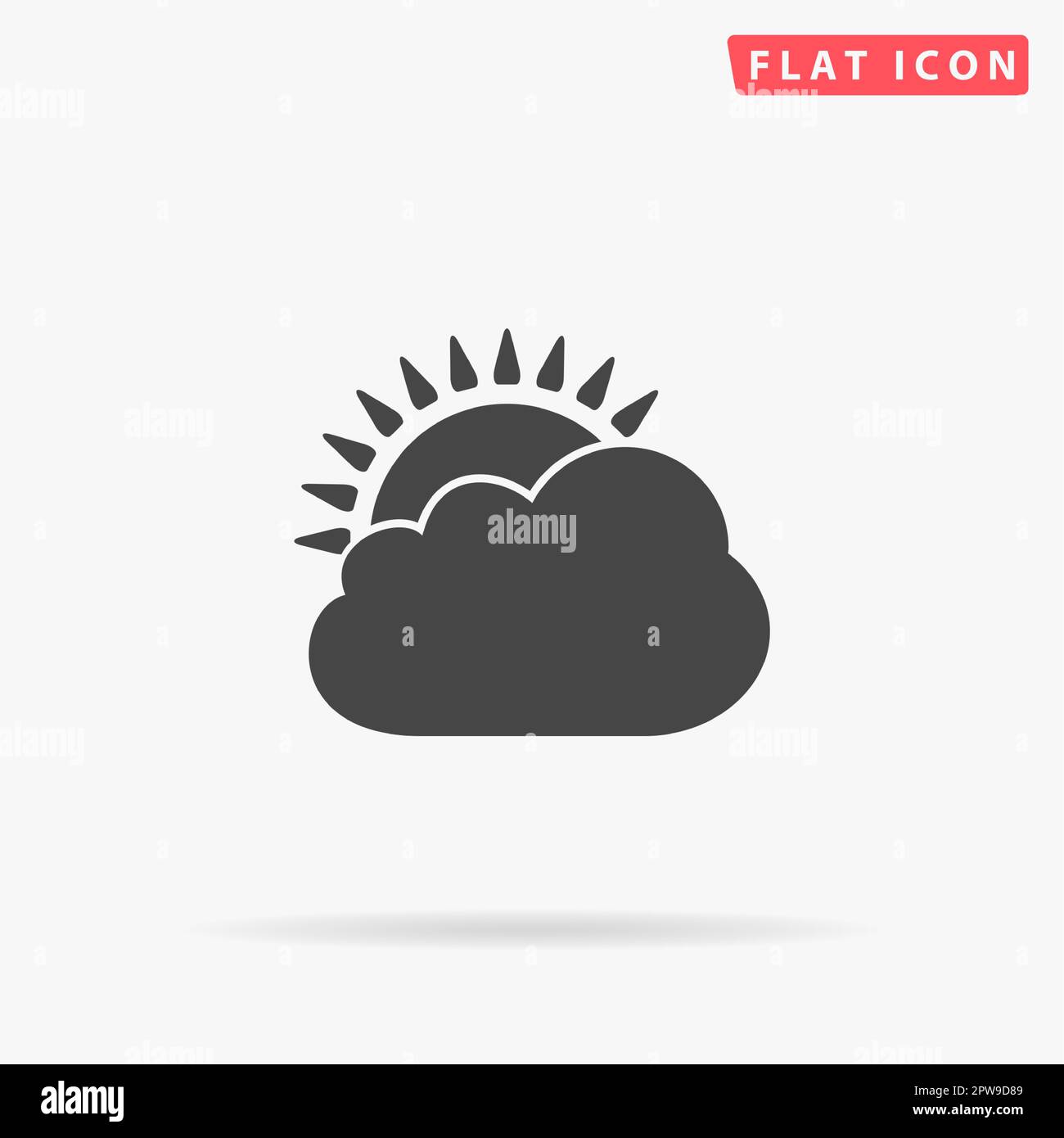 Sun cloud. Simple flat black symbol with shadow on white background ...
