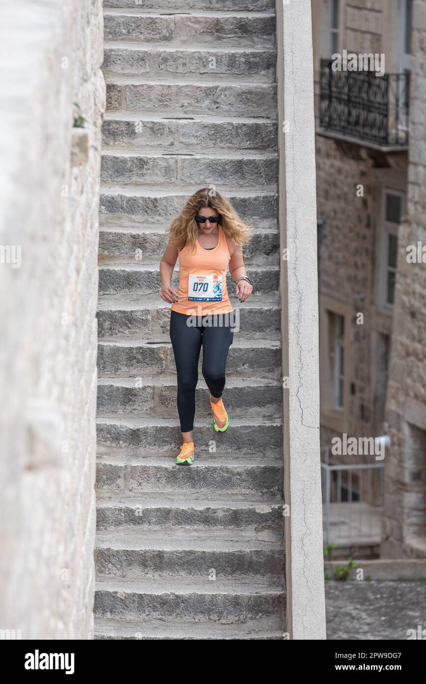 Dubrovnik, Croatia. 29th Apr, 2023. Competitors are seen running along ...