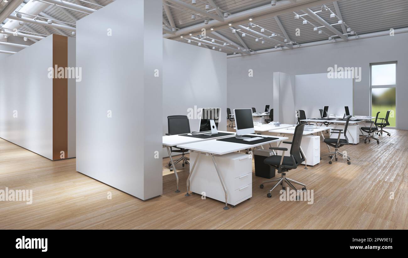 3D interior of bright office interior space. Render of concept design ...