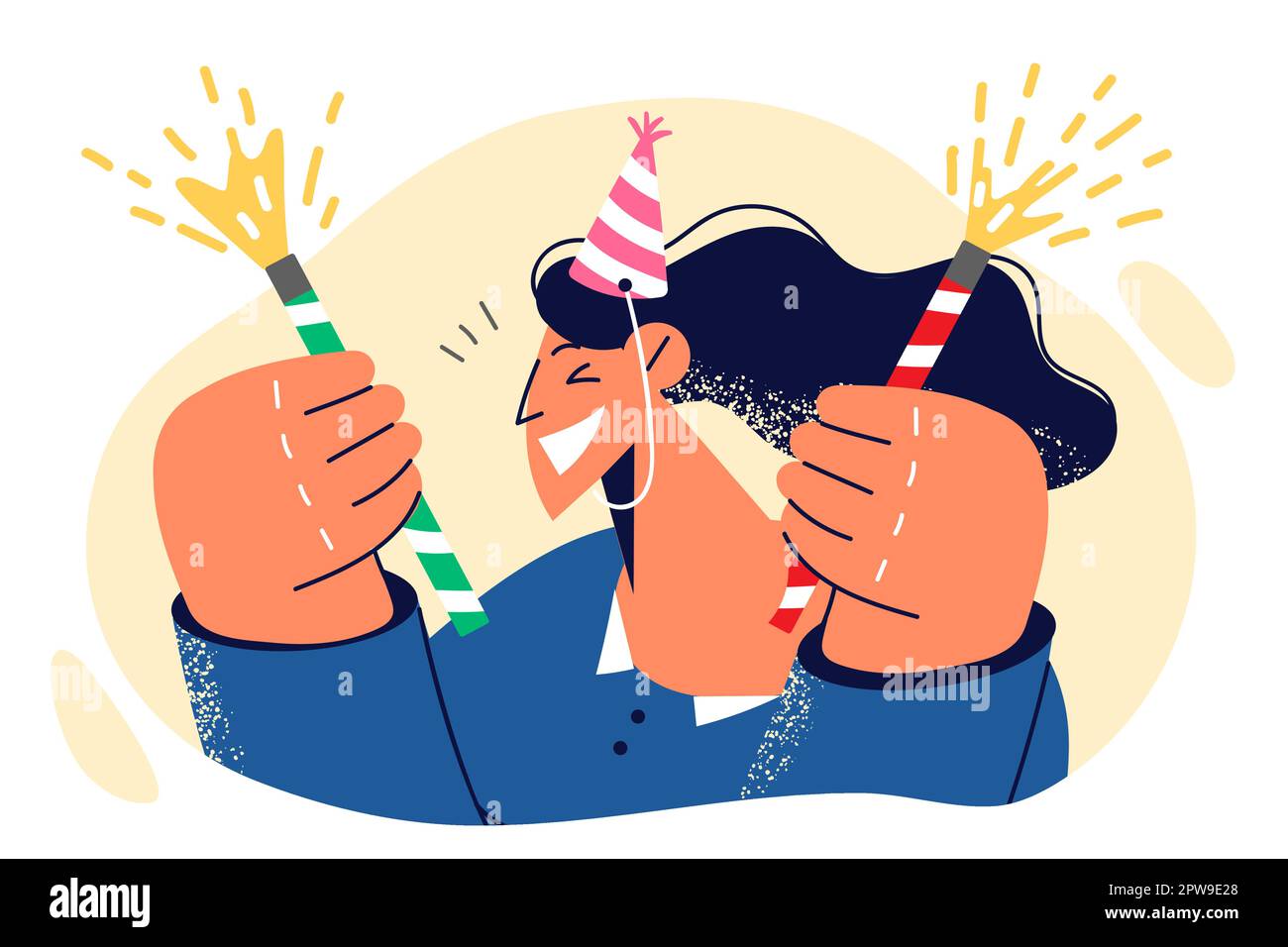 Woman celebrating birthday smiling raising hands with fireworks ...