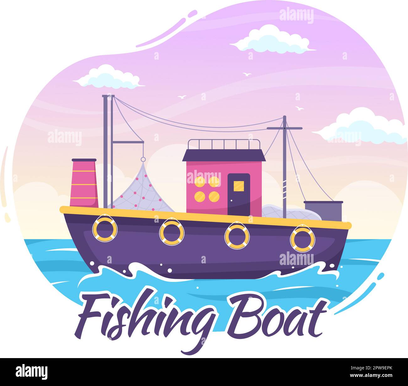 Fishing Boat Illustration with Fishermen Hunting Fish Using Ship for ...