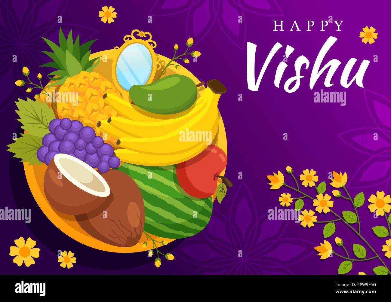Happy Vishu Festival Illustration with Traditional Kerala Kani, Fruits ...