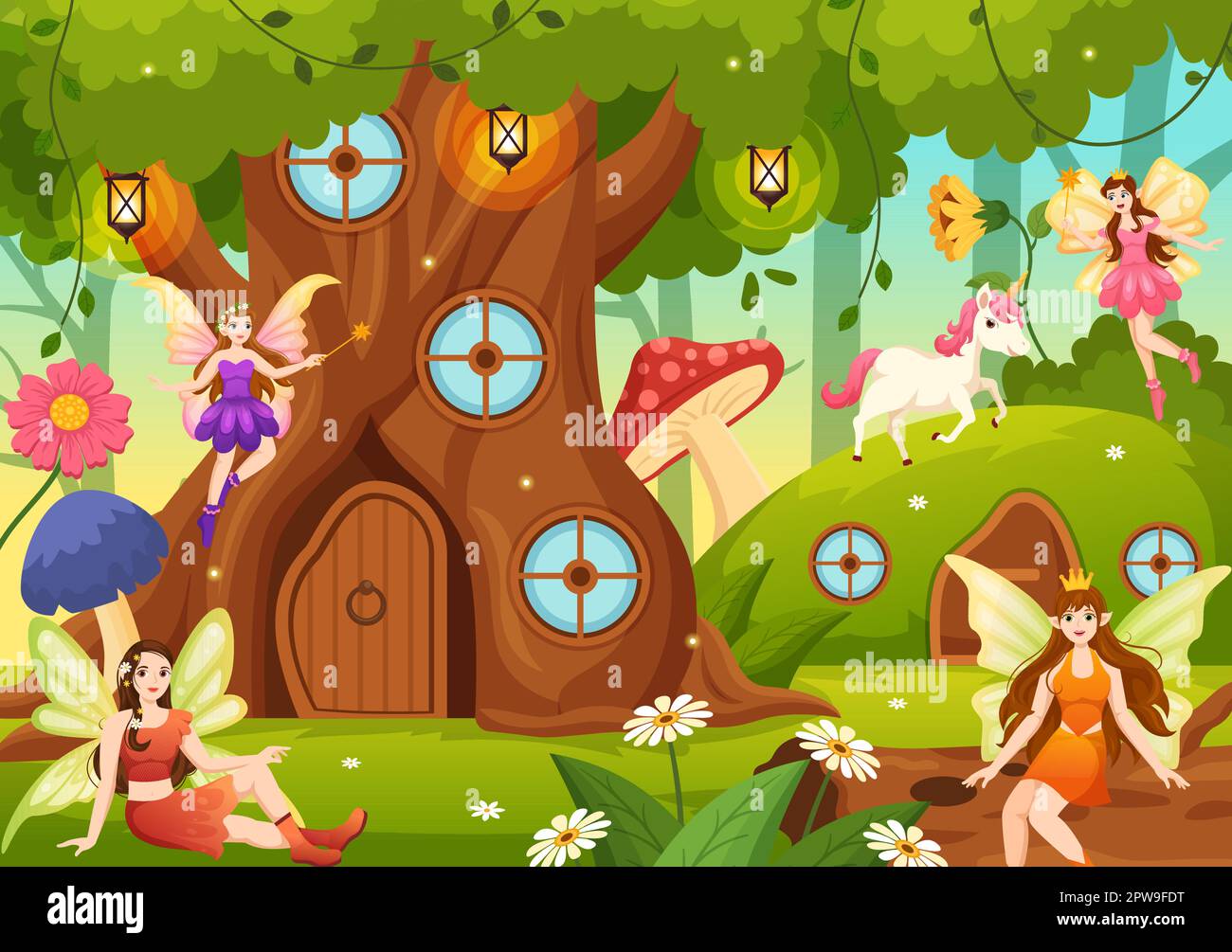 Beautiful Flying Fairy Illustration with Elf, Landscape Tree and Green ...