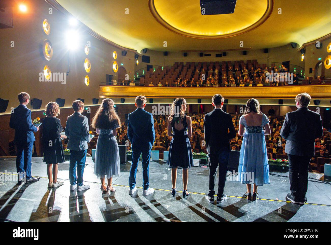 Schwerin, Germany. 29th Apr, 2023. Students from eighth grades stand on ...