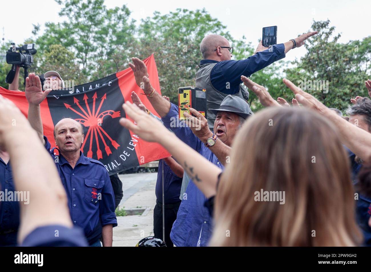 Several Falangists during the first tribute in front of the new tomb of ...