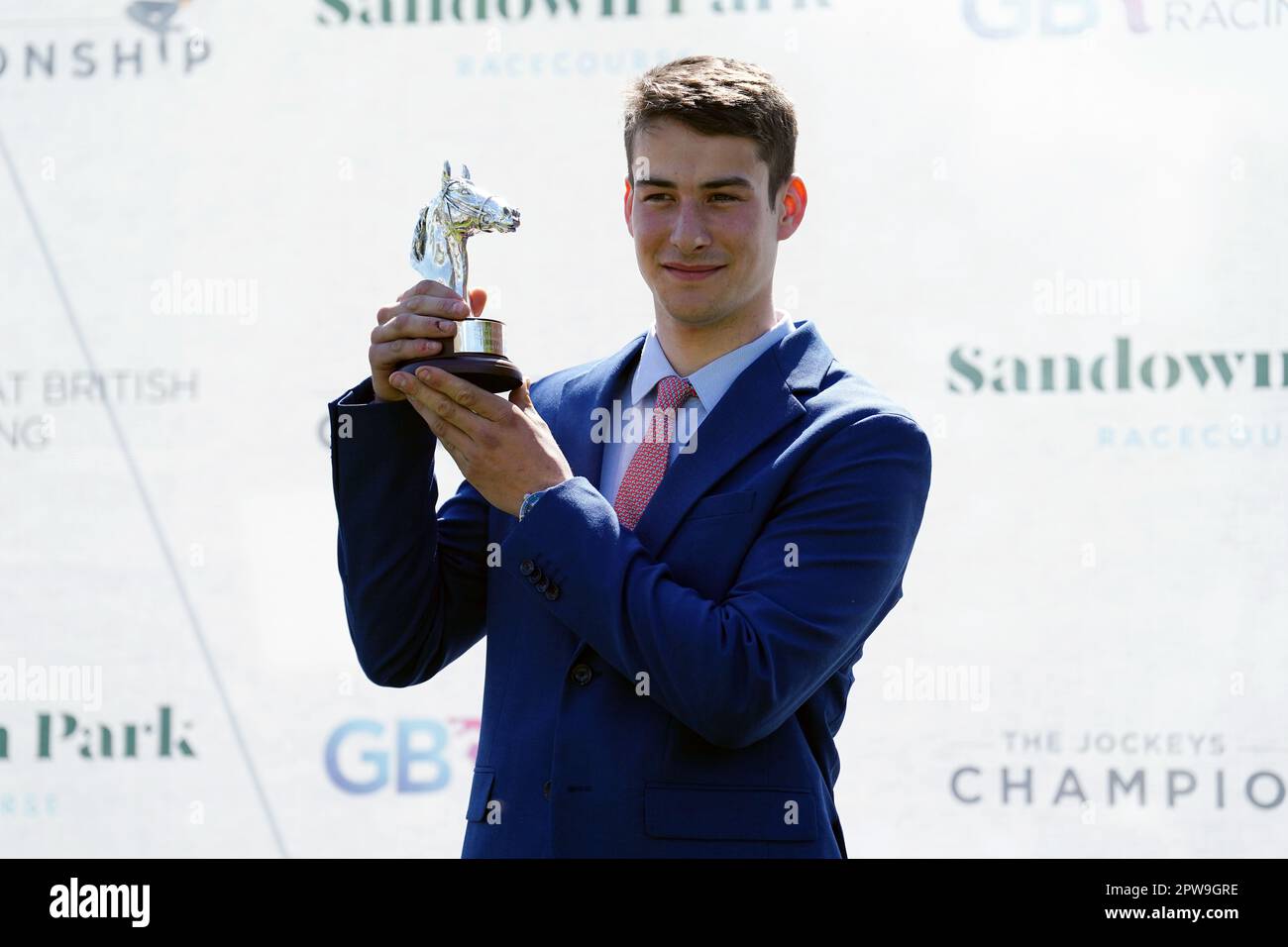 Luca Morgan with the champion conditional jockey trophy at Sandown Park ...