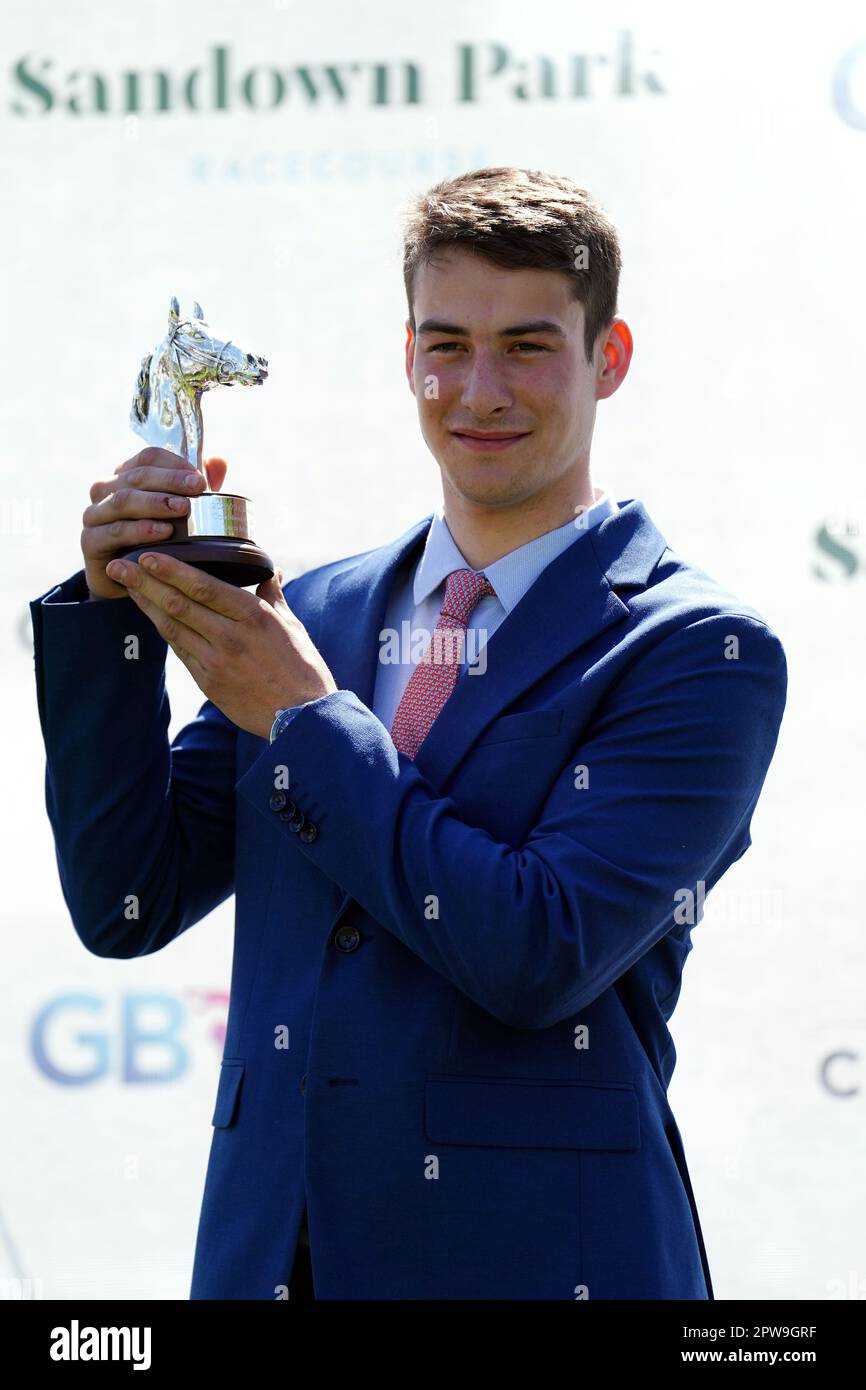 Luca Morgan with the champion conditional jockey trophy at Sandown Park ...