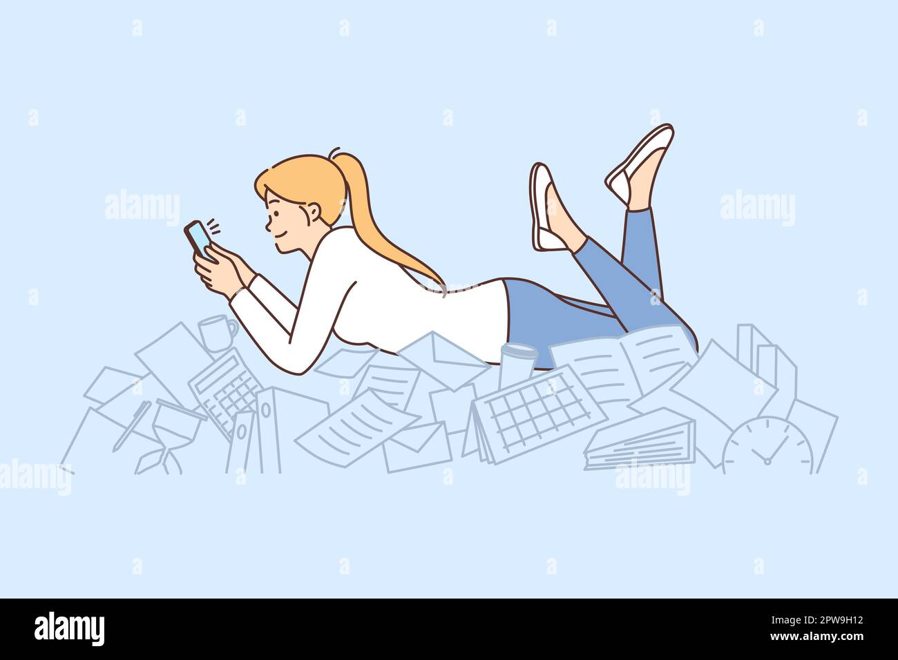 Procrastination woman with phone lies on documents and stationery ...