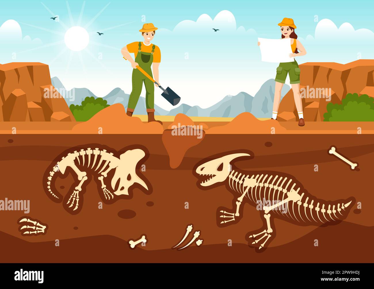 Fossil Illustration with Archaeologists Finds Dinosaurs Skeletons on ...