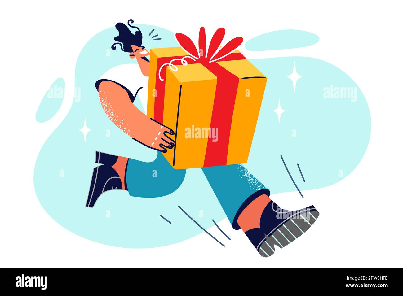 Running man holds huge gift box to wish girlfriend or friend happy ...